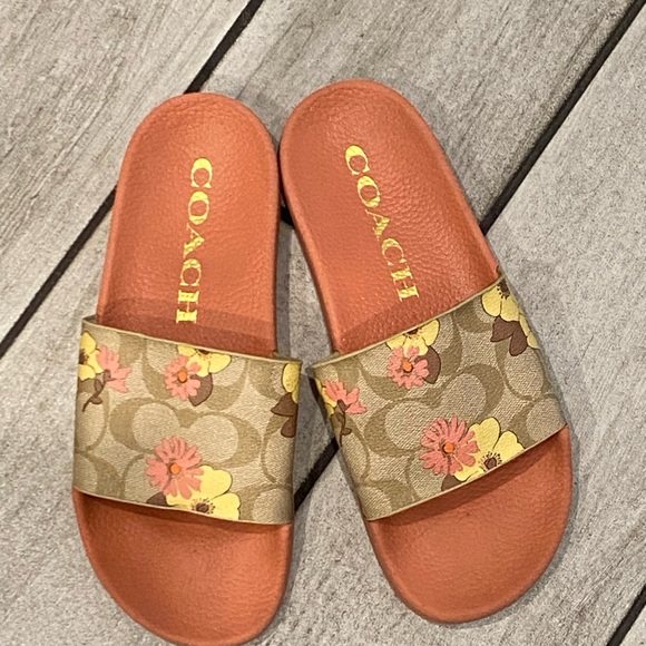 Coach | Shoes | Coach Tan And Orange Leather Slides | Poshmark